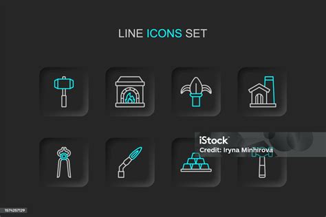 세트 라인 망치 금괴 용접 토치 대장장이 펜치 도구 대장간 작업장 인테리어 클래식 철제 울타리 오븐 및 큰 망치 아이콘 벡터 강철에 대한 스톡 벡터 아트 및 기타 이미지
