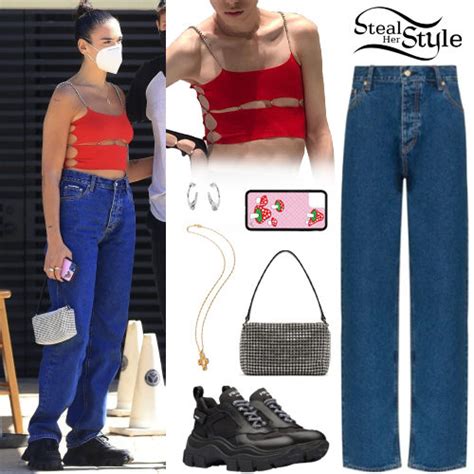 Dua Lipa Red Crop Top Blue Jeans