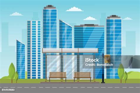버스 정류장 풍경 평면 벡터 일러스트 레이 션 마천루 배경 세트 객차에 대한 스톡 벡터 아트 및 기타 이미지 객차 거리