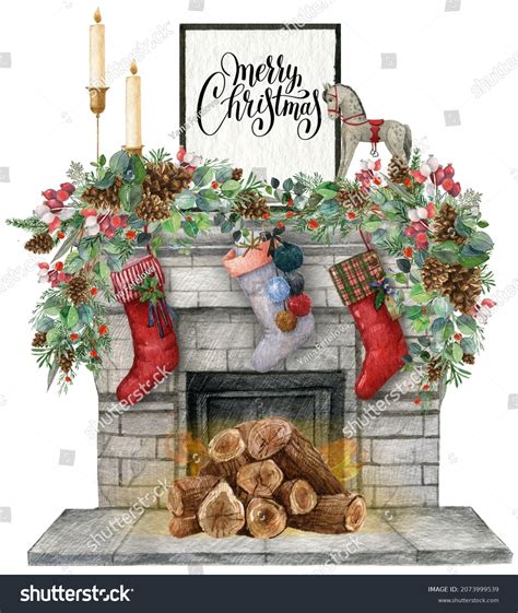 1051 수채화 크리스마스 벽난로 이미지 스톡 사진 및 벡터 Shutterstock