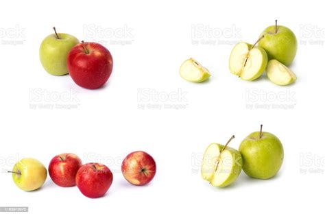 흰색 배경에 빨간 사과 세트입니다 흰색 배경에 노란색 반점이있는 붉은 색의 수분이 많은 사과 육즙이 빨간 사과의 구성 0명에 대한 스톡 사진 및 기타 이미지 Istock