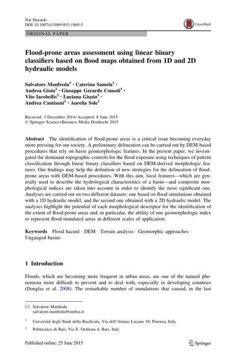Pdf Flood Prone Areas Assessment Using Linear Binary Classifiers Based On Flood Maps Obtained