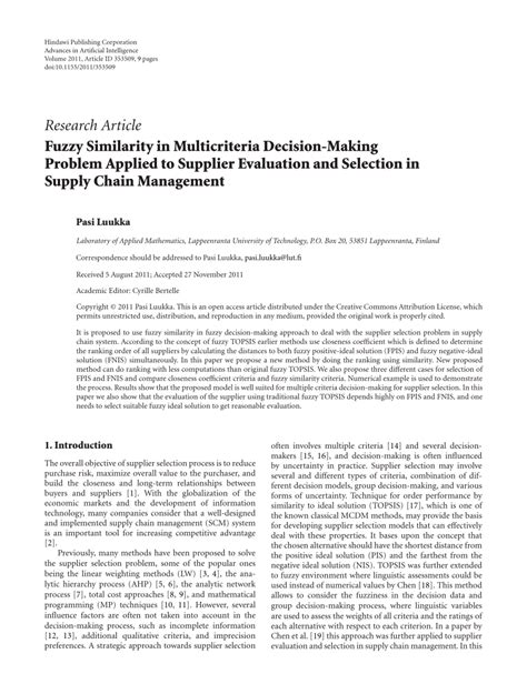 Pdf Fuzzy Similarity In Multicriteria Decision Making Problem Applied To Supplier Evaluation
