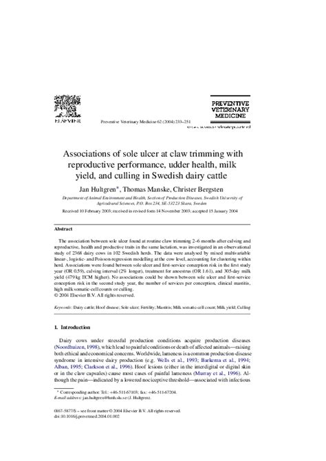 Pdf Associations Of Sole Ulcer At Claw Trimming With Reproductive