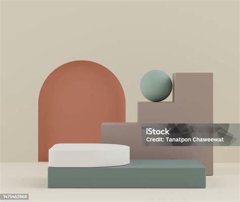 지구 색조 색상 테마가 있는 흰색 빈 연단의 최소 장면의 3d 렌더링 제품 프리젠 테이션 모형 및 화장품 광고를위한 디스플레이 스탠드 실린더 스테이지는 심플한 디자인의 장식