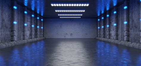 미래 지향적 인 복도 전시실 금속 Led 조명 투광 조명 미래 지향적인 배경 터널 기술 배경 격납고 차고 3d 렌더링 옷걸이에 대한 스톡 사진 및 기타 이미지 Istock