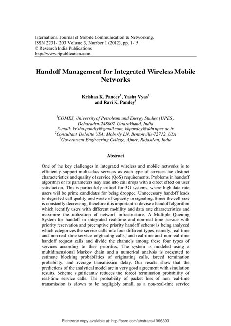 Pdf Handoff Management For Integrated Wireless Mobile Networks