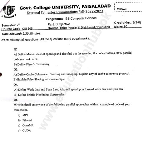 Parallel Distributed Computing BSCS GCUF Past Paper Fall 2021