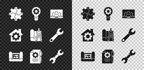 기어 전구 및 기어 노트북 하우스 플랜 문서 설정 펜 렌치 스패너 및 그래프 용지 나침반 아이콘을 설정합니다 벡터 0명에 대한