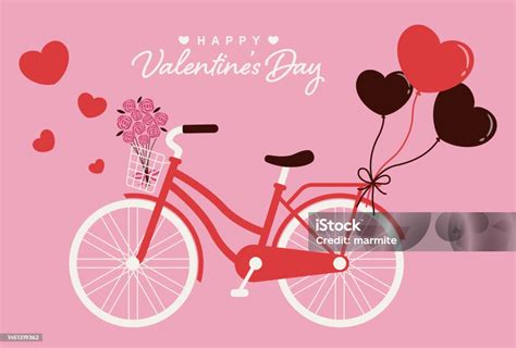 발렌타인 데이 벡터 배경에는 장미 꽃다발과 배너 카드 전단지 소셜 미디어 월페이퍼 등을 위한 하트 풍선이 있는 자전거가 있습니다