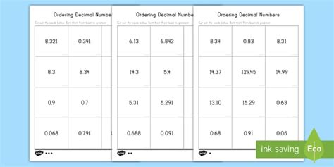 Ordering Decimals Activity Worksheets