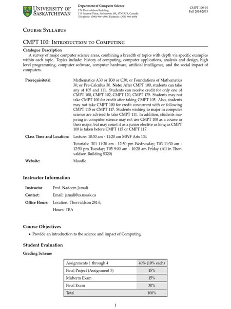 course syllabus cmpt 100 introduction to computing catalogue
