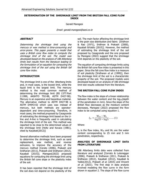 PDF DETERMINATION OF THE SHRINKAGE LIMIT FROM THE BRITISH FALL CONE FLOW INDEX