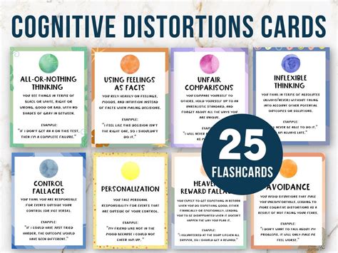25 Cognitive Distortion Flashcards CBT Poster Therapy Thinking Errors