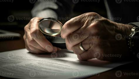 Caucasian Businessman Examining Document With Magnifying Glass For Successful Contract Generated