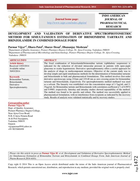 Pdf Development And Validation Of Derivative Spectrophotometric