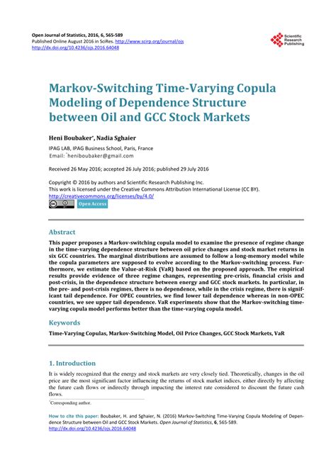 Pdf Markov Switching Time Varying Copula Modeling Of Dependence Structure Between Oil And Gcc