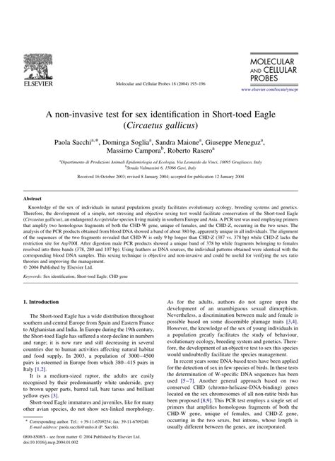 Pdf A Non Invasive Test For Sex Identification In Short Toed Eagle Circaetus Gallicus