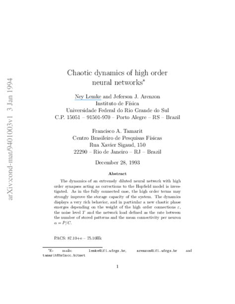 Pdf Chaotic Dynamics Of High Order Neural Networks