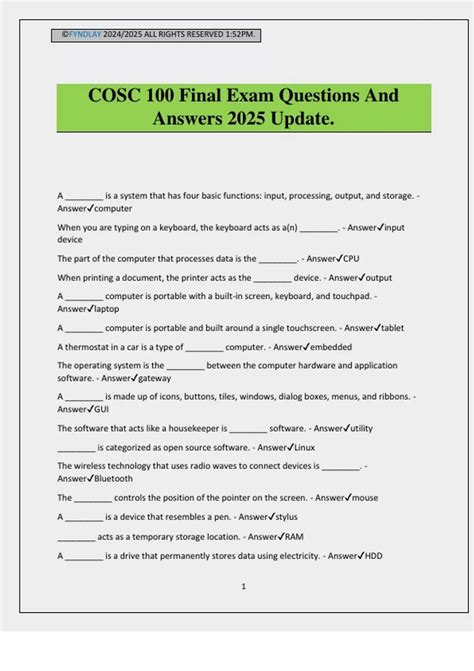 COSC 100 Final Exam Questions And Answers 2025 Update COSC 100 Stuvia US