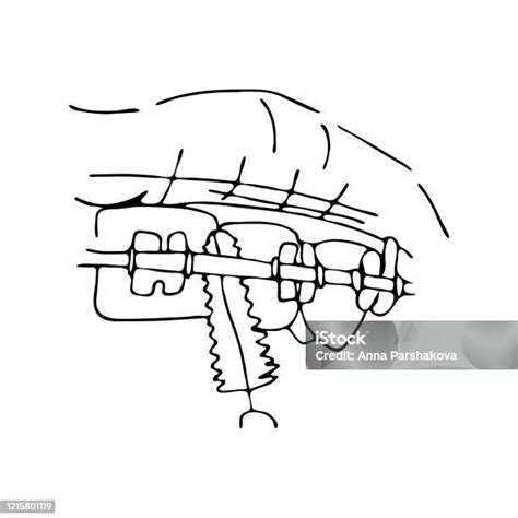 치열 교정 기중기 치과 손 브러쉬 사이의 치간 거리를 청소하십시오 제품 개인 구강 위생 욕실 벡터 격리 플랫 낙서 현실적인 그리기 검은 윤곽 흰색 배경 아이콘 가정 생활에