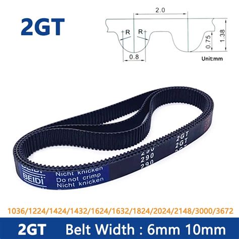 2gt Gt2 타이밍 벨트 길이 1036 3672mm 너비 6mm 10mm 검정색 고무 폐쇄 루프 동기식 벨트 피치 2mm
