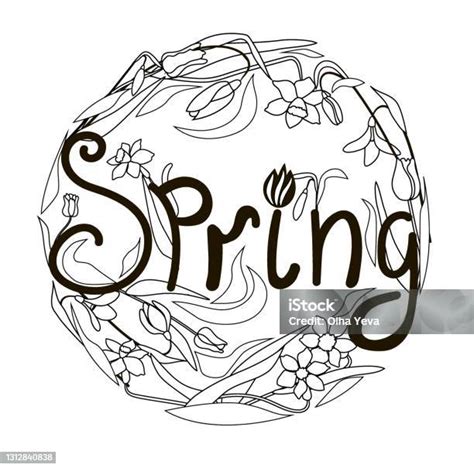 낙서 스타일의 봄 일러스트 봄이라는 글자는 검은 색 섬세한 꽃 튤립 눈방울 붓색으로 그려져 있으며 동그라미 의 형태로 그림을 그려낸다 갈란투스에 대한 스톡 벡터 아트 및