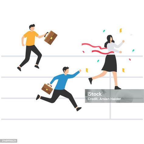 여성 성공 사례 여성 리더십 또는 비즈니스 승리 양성 평등 경쟁에서 이기는 페미니즘의 힘 동료가 결승선에 도달 동료와의 경쟁에서 승리 경쟁에 대한 스톡 벡터 아트 및 기타