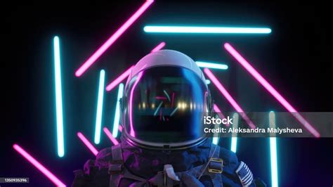 네온 레이저 빔 중 레트로 웨이브 우주 비행사 미래 지향적 인 배경 3d 렌더링 우주 비행사에 대한 스톡 사진 및 기타 이미지 우주 비행사 네온 여가활동 게임