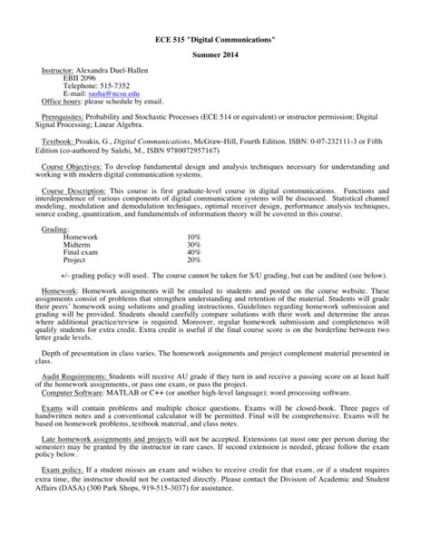 ECE 515 Digital Communications Course Syllabus Summer 2014