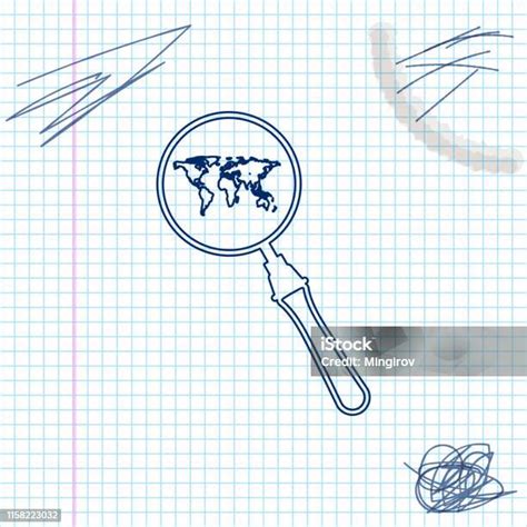 흰색 배경에 격리 된 세계지도 선 스케치 아이콘 돋보기 세계를 분석 전역 검색 기호입니다 벡터 일러스트레이션 세계지도에 대한 스톡 벡터 아트 및 기타 이미지 Istock