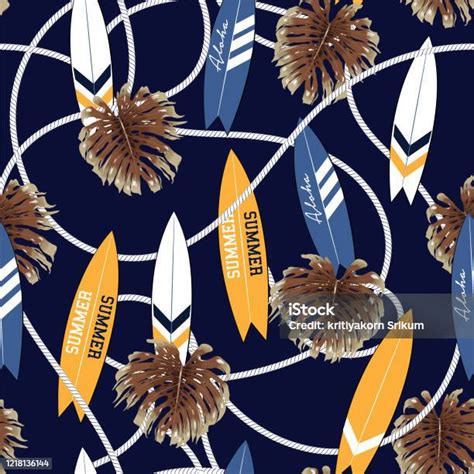 서핑 벡터와 선원 로프 원활한 패턴 배경 열대 식물 잎 여름 분위기 해변 분위기 에 어두운 해군 블루 배경 서핑 일러스트 디자인
