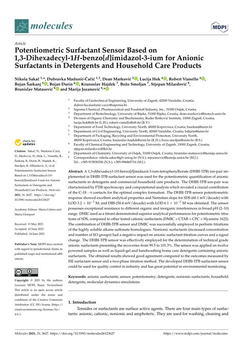 Pdf Potentiometric Surfactant Sensor Based On 13 Dihexadecyl 1h Benzo D Imidazol 3 Ium For