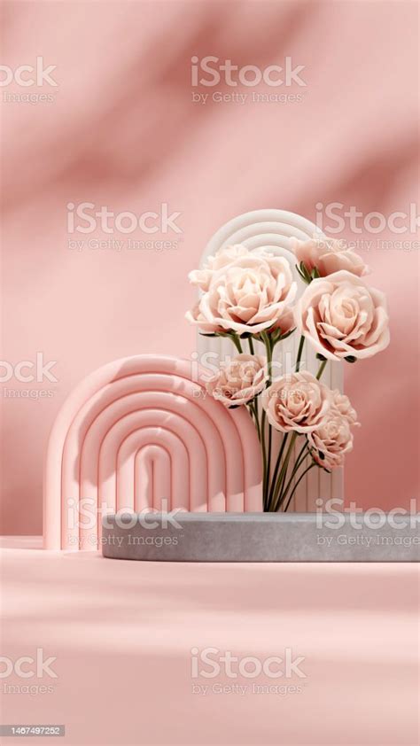 3d 렌더링 모형 템플릿 콘크리트 질감 연단은 분홍색 장미와 아치가 있는 초상화입니다 장미에 대한 스톡 사진 및 기타 이미지 장미 꽃 식물 배경막 Istock