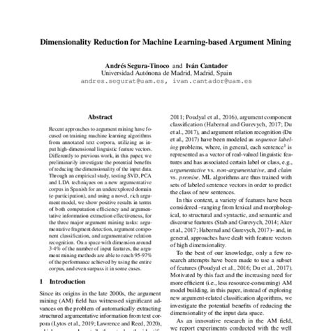 Dimensionality Reduction For Machine Learning Based Argument Mining