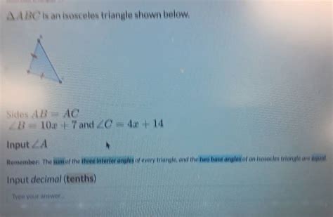 Solved ABC Is An Isosceles Triangle Shown Below Sides AB AC B 10x 7