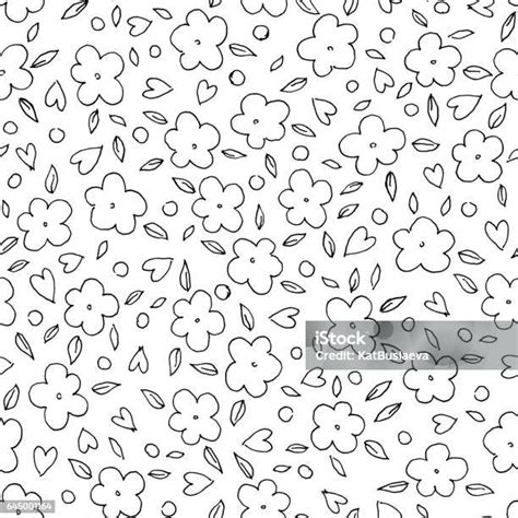 흰색 배경에 고립 된 마음으로 그려진된 간단한 꽃과 개요 잎을 손으로 발렌타인의 날에 대 한 원활한 낙서 패턴입니다 0명에 대한 스톡 벡터 아트 및 기타 이미지 Istock