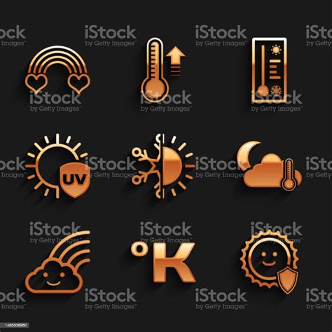 태양과 눈송이 켈빈 자외선 차단 온도계 구름 달 무지개 기상 온도계 및 심장 아이콘을 설정합니다 벡터 검은색에 대한 스톡 벡터