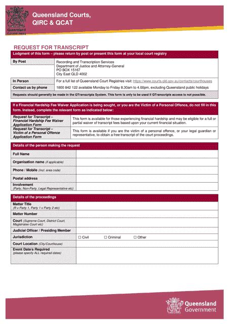 Queensland Australia Request For Transcript Download Printable PDF Templateroller