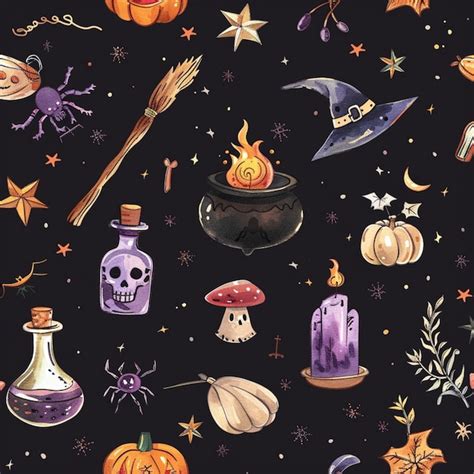 Witchs Essentials Pattern Witchy Halloween Set Of Witchcraft Items