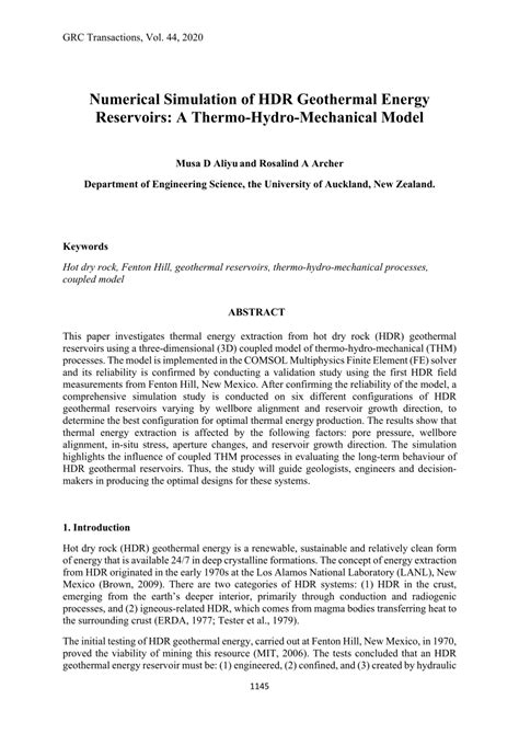 Pdf Numerical Simulation Of Hdr Geothermal Energy Reservoirs A