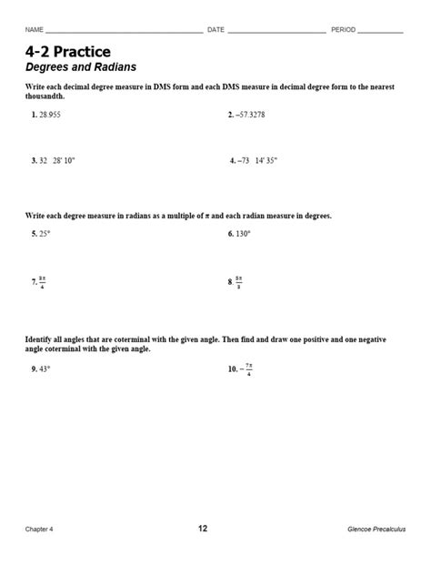 Edited 4 2 Practice Worksheet Degrees And Radians Part1 Pdf