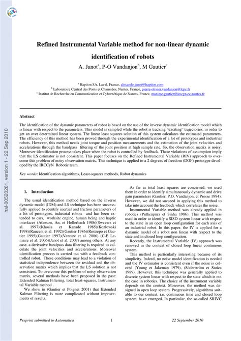 Pdf Refined Instrumental Variable Method For Non Linear Dynamic Identification Of Robots
