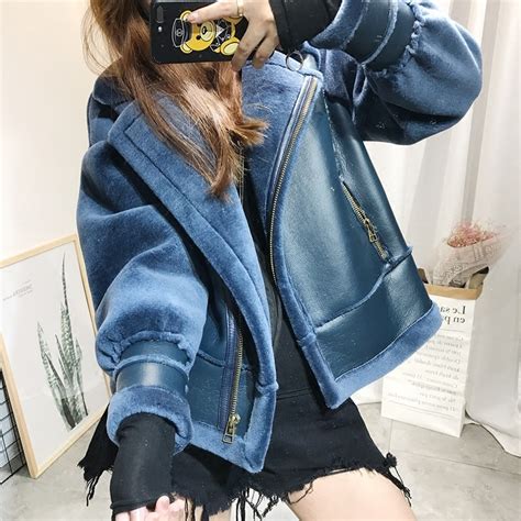 Leather Fluffy Wool Coat Women Short Furry Fake Fur Coat Winter Outerwear Blue Coat Casual Party