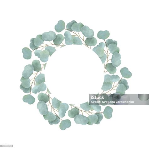 흰색 바탕에 유칼립투스 나뭇가지의 수채화 화환 손으로 그린 그림입니다 포스터 초대장 엽서 및 배경 템플릿을 위한 원형 프레임 드로잉에 대한 스톡 벡터 아트 및 기타 이미지