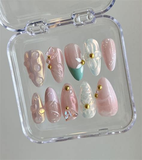 3d Pink Green Flower Nail Handpainted Nails Custom Press On Nails
