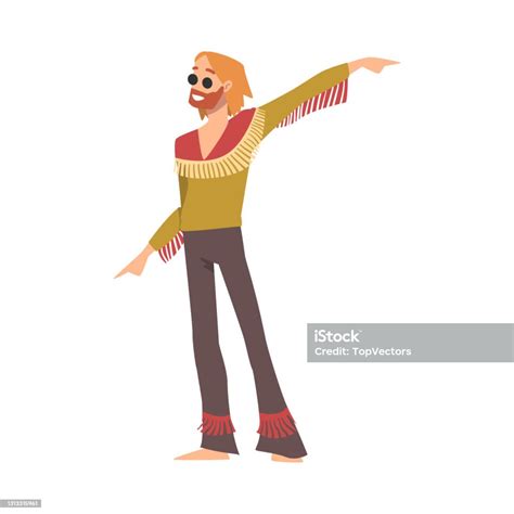 히피 남자 캐릭터 복고풍 스타일의 옷을 입고 행복한 수염 남자와 파티 만화 벡터 일러스트에서 춤 선글라스 가공의 인물에 대한 스톡 벡터 아트 및 기타 이미지 Istock