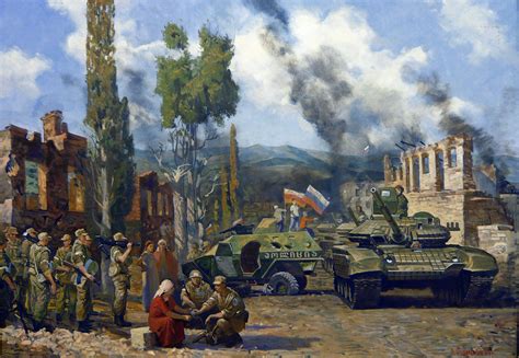 Цхинвал 10 августа 2008 г Встреча осетинских и российских миротворцев на ул Сталина Ватные