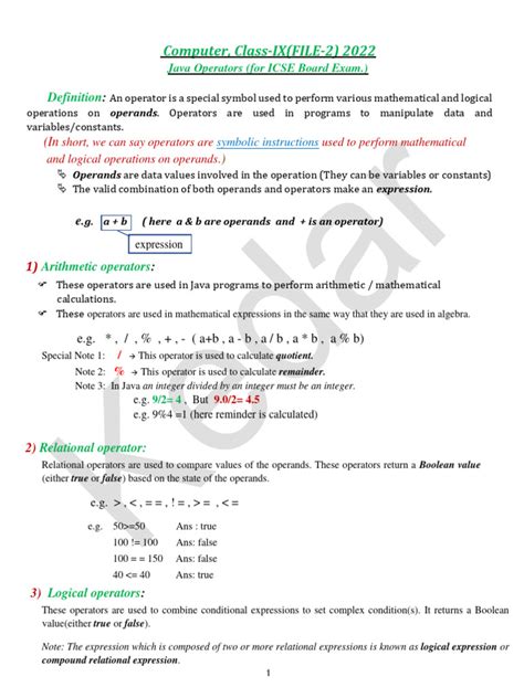 Java Definitions Of Operators Ch 2 Class Ix 2022 Pdf Integer Mathematical Logic