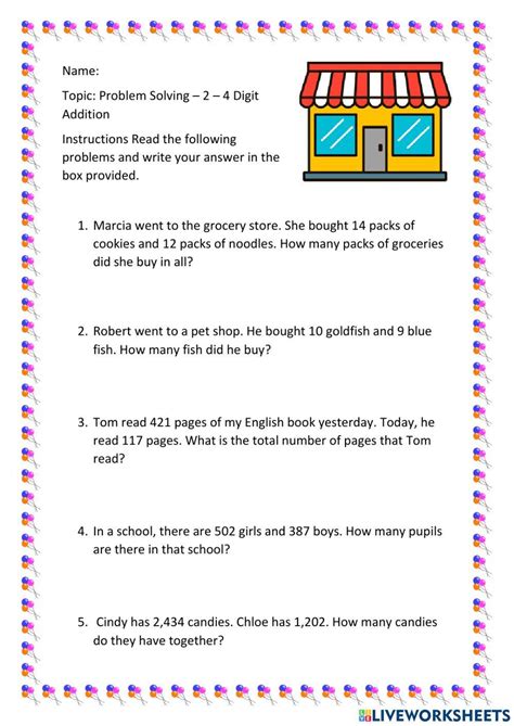 problem solving 2 4 digit addition w o regrouping worksheet
